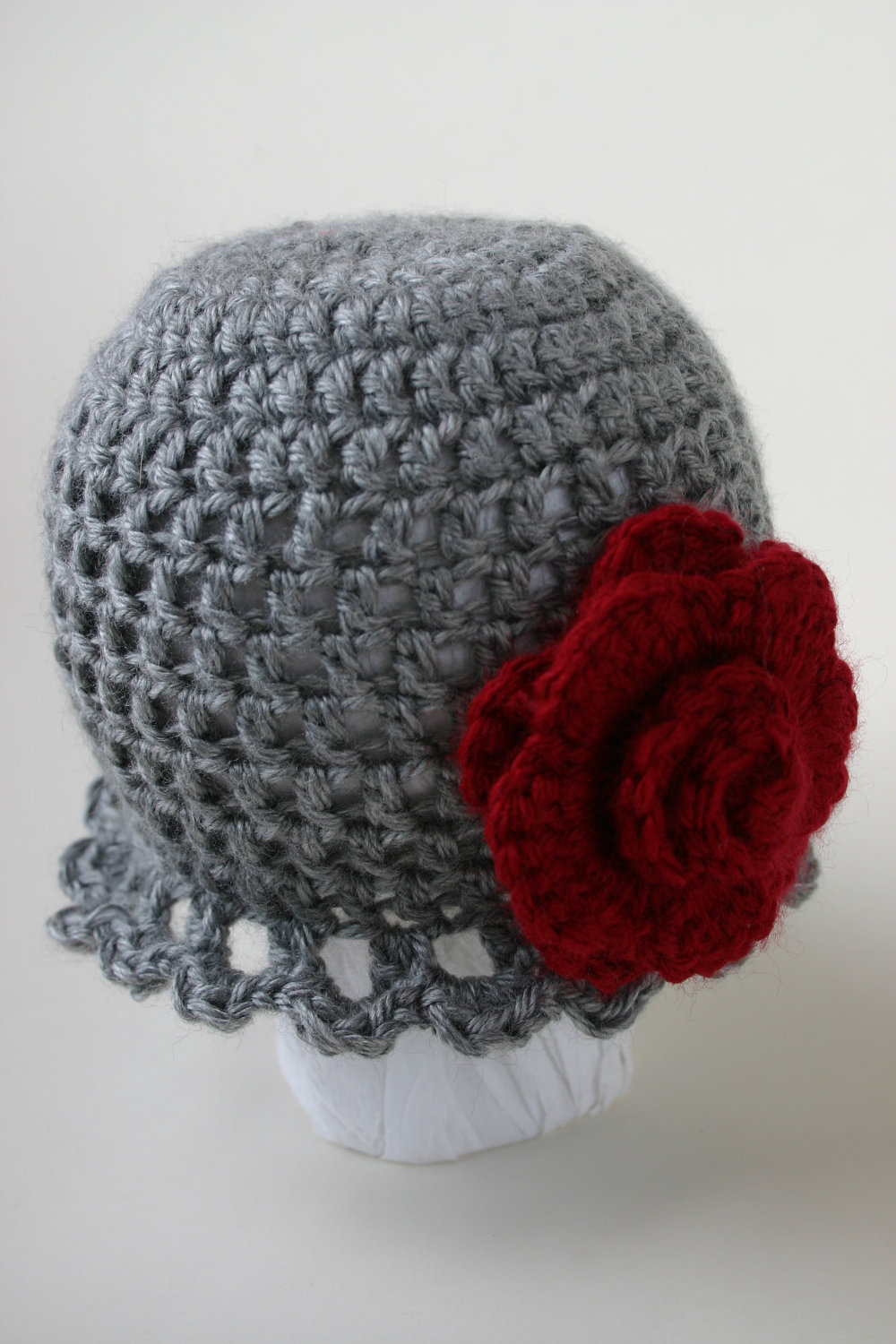 Gray Ruffle Cloche With Deep Red Rose, Newborn Hat on Luulla
